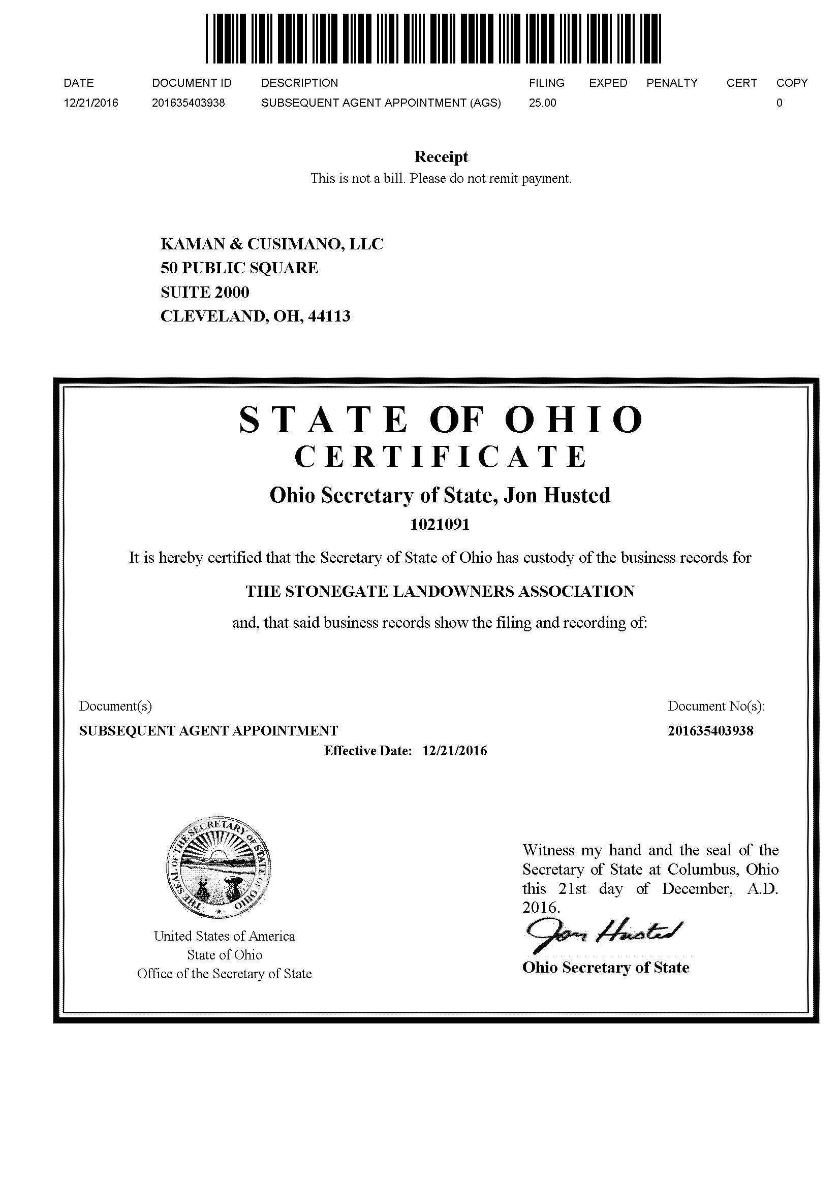 HOA CERTIFICATE – STONEGATE
